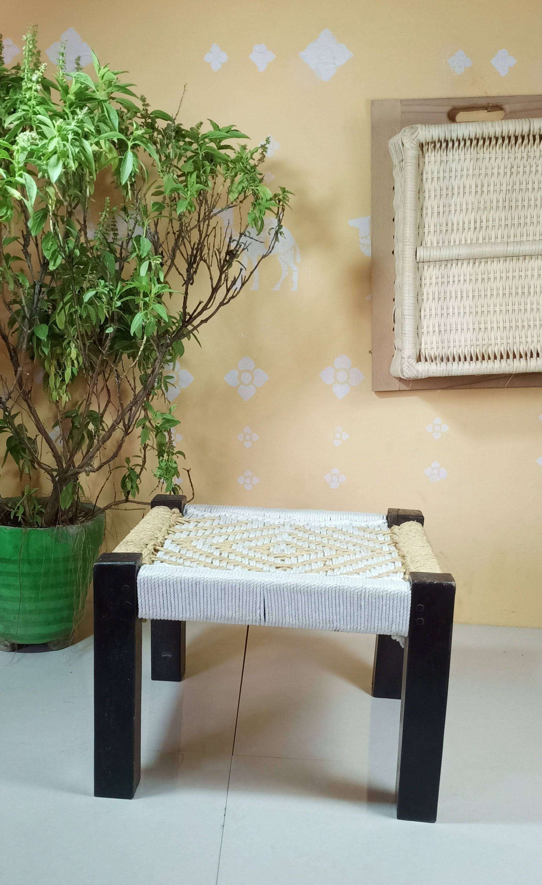 Handmakers Wooden Stool with White Beige Color (pidha)